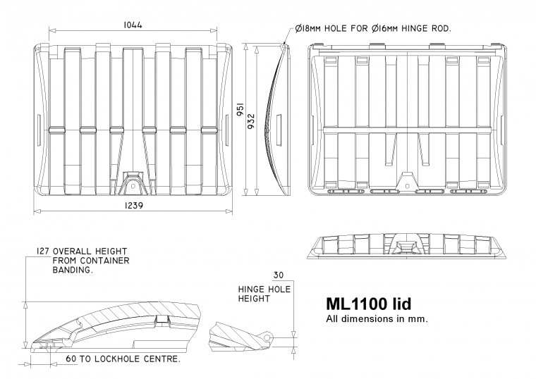 ML1100 1100 Litre Trade Waste Container lid | Duraflex